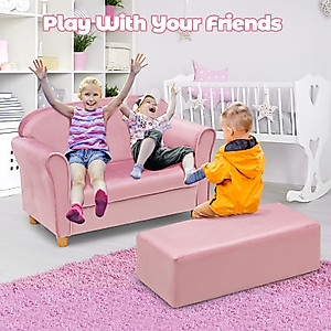 INFANS Kids Sofa with Ottoman, 2 Seat Toddler Upholstered Couch, Children Armrest Chair Lounge for Nursery Kindergarten Kids Room Boys Girls, Sturdy Wood Construction Velvet Surface (Pink, 2 Seats)