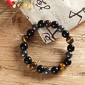 Black Obsidian Tiger Eye Bracelets for Men Women,Hematite Natural Stone Beaded Bracelets Handmade Healing Crystal Chakra Bracelet Good Luck Wealth Protection Bracelet b