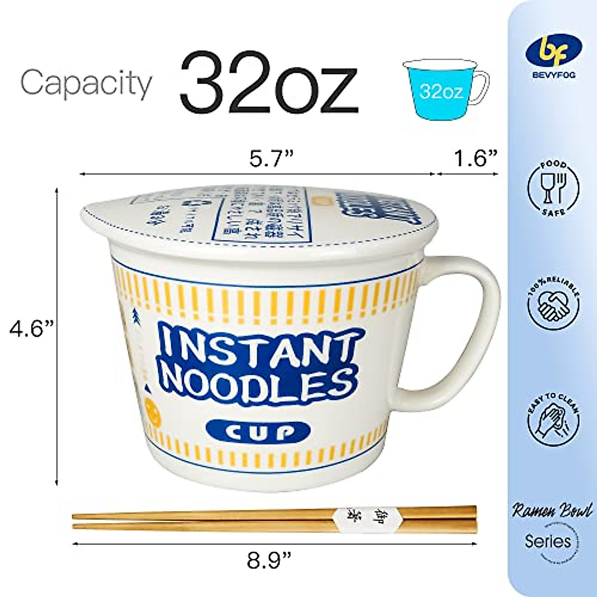 BF BEVYFOG Ramen Bowl Set with Chopsticks 32 OZ Large Ceramic Instant Ramen Noodle Bowls with Lid Gift Wrap Cute Japanese Soup Bowl with Handle, Microwave Safe (Blue)