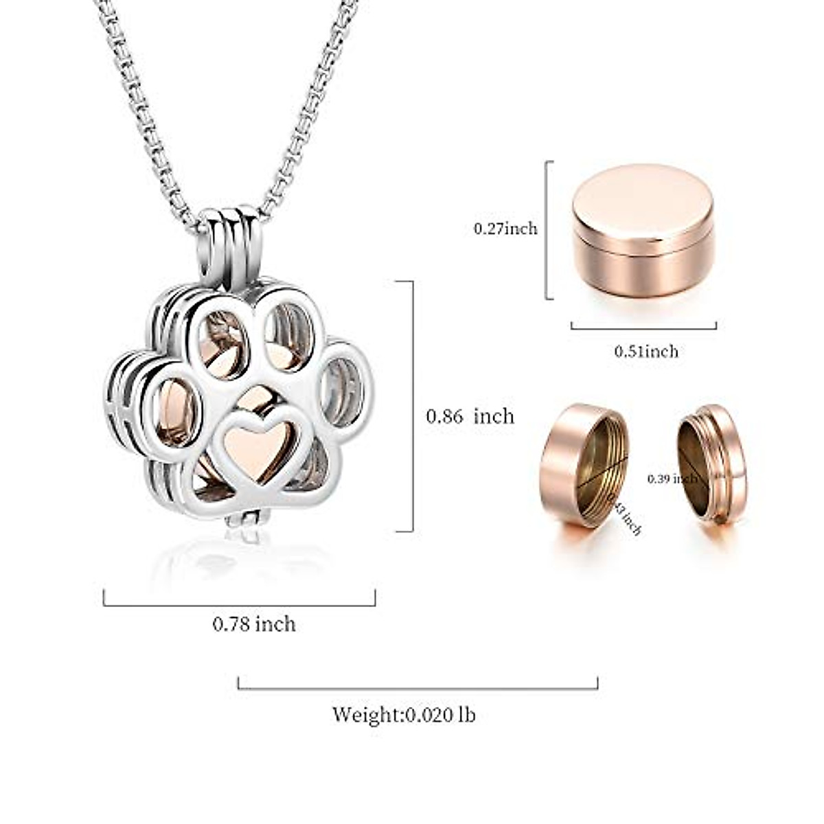 Pet Cremation Jewelry For Ashes For Dog/Cat Paw Stainless Steel Memorial Locket Urn Necklace Inside Mini Case Keepsake Cremation Jewelry Women Men (Silver With Rose gold)