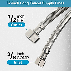 Midanya Faucet Supply Lines,32" Stainless Steel Braided Water Supply Line, 1/2" FIP x 3/8" COMP Faucet Hose, Faucet Hose Connector x 2 Pcs (1 Pair)