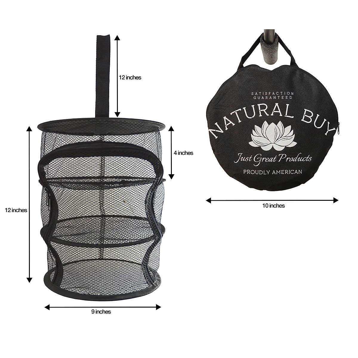 Natural Buy 9 Inch 3 Level MICRO Hanging Dry Net Indoor/Closet Drying Rack for Herbs, Organizer, Freshner - Black Mash Screen with Top-to-Bottom Zipper - Apartment Size with Zipped Storage Pouch