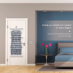 ANZORG Dual sided Jewelry Hanging Organizer Closet Necklace Holder for Earrings Bracelets Rings with 42 Clear Pockets and 17 Hook Loops (Grey