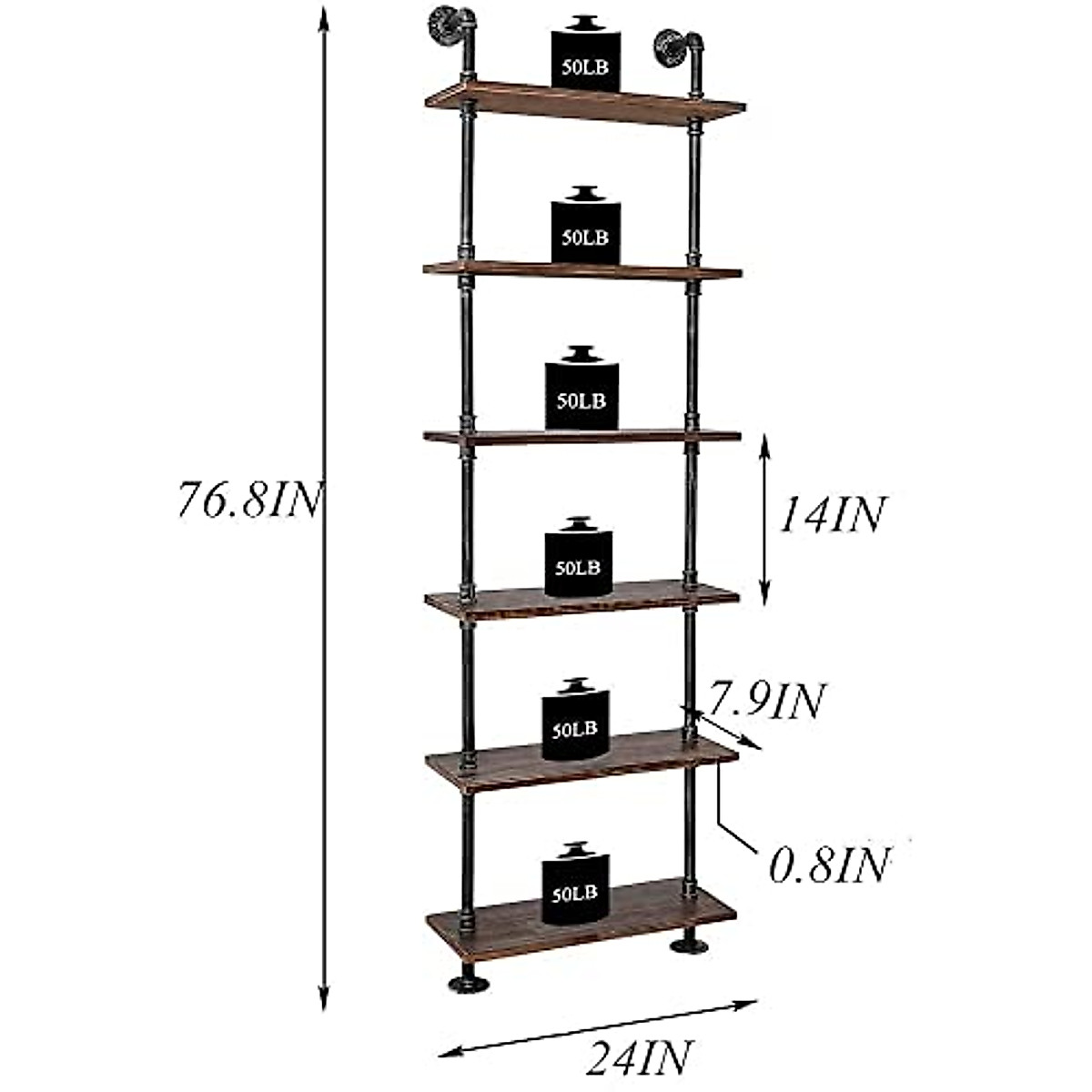 Industrial Pipe Bookshelves Rustic Wall Ladder Bookshelf Display Storage Stand Shelf Bookcase for Living Room, Kitchen, Office (6 Tier)