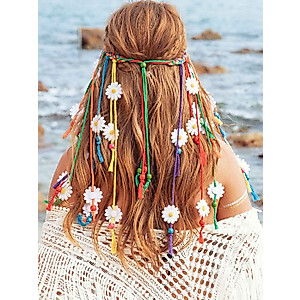 GENBREE Boho Daisy Headband Rainbow Braided Headpiece Summer Beach Tassel Hairband Floral Hippie Hair Accessories for Women and Girls (Multi-colored)