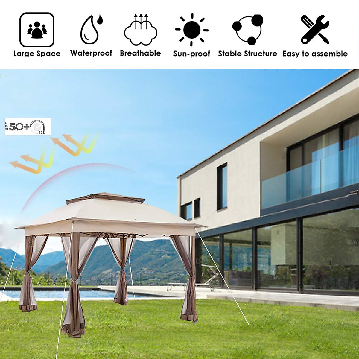 KEDY 11'x11' Pop Up Gazebo with Mosquito Netting, Outdoor Canopy Gazebo Tent for Patio, Deck and Backyard, w/Carry Bag, Beige