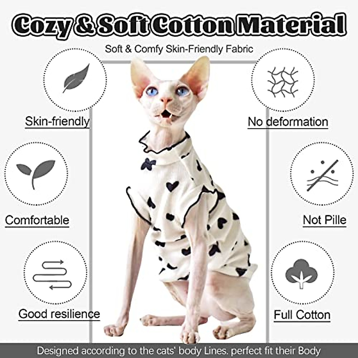 DENTRUN Heart Pattern Sphynx Hairless Cats Shirt, Kitten T-Shirts with Perlin Sleeves, Breathable Cat Wear Cute Sweater Adorable Hairless Cat's Clothes Vest Pajamas Jumpsuit