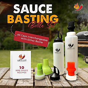 Sauce Basting Bottle Set for Grilling with 3 Silicone BBQ Basting Brush Caps & 2 Squeeze Caps - Squeeze Bottles for Sauces with Applicators, Storage Caps & Funnel - Condiment Sauce Dispenser