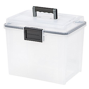 IRIS USA 19 Qt. WEATHERPRO Letter Size Portable File Box, 4 Pack, Plastic Storage Container with Organizer-Lid and Seal and Secure Latching Buckles, Weathertight, Clear with Black Buckle