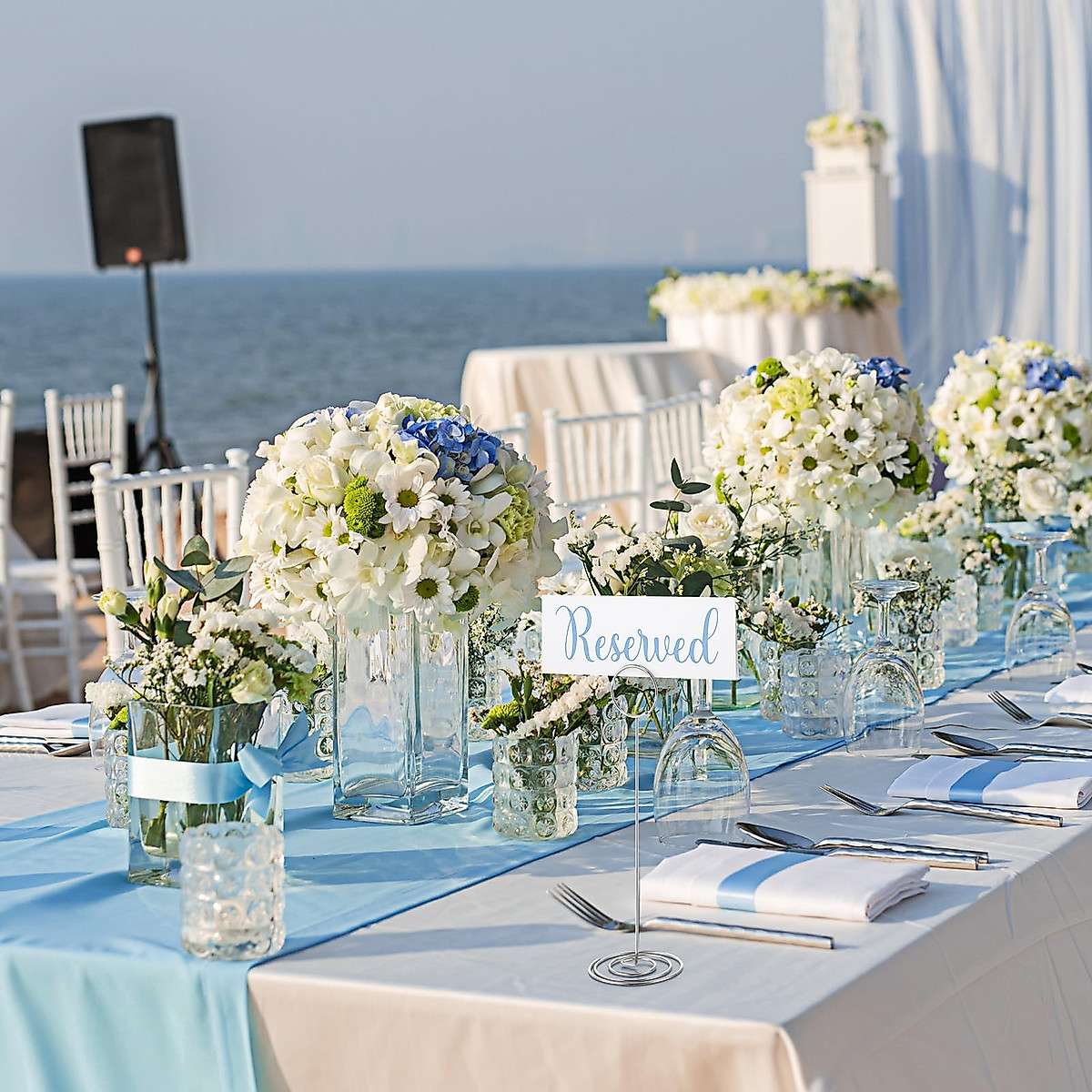 Spakon 20 Pack Reserved Signs 2.17 x 6 Inch White Blue Paper Reserved Table Signs for Wedding Christmas Party Restaurant Receptions Events Business Birthday Party