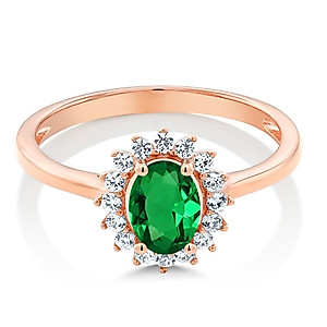 Gem Stone King 10K Rose Gold Green Simulated Emerald and White Created Sapphire Engagement Ring For Women (0.84 Cttw, Oval 7X5MM, Available In Size 5, 6, 7, 8, 9)