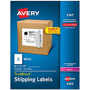 Avery Shipping Address Labels, Laser Printers, 100 Labels, Full Sheet Labels, Permanent Adhesive, TrueBlock (5165), White