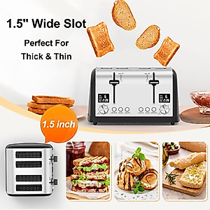 Toaster 4 Slice,Ultra-Clear Led Display, Dual Control Panels With Independent Settings,Retro Stainless Steel Toaster Wide Slot for Waffles, 4 Slice Toaster with Bagel LainstenT-5057D (Black)