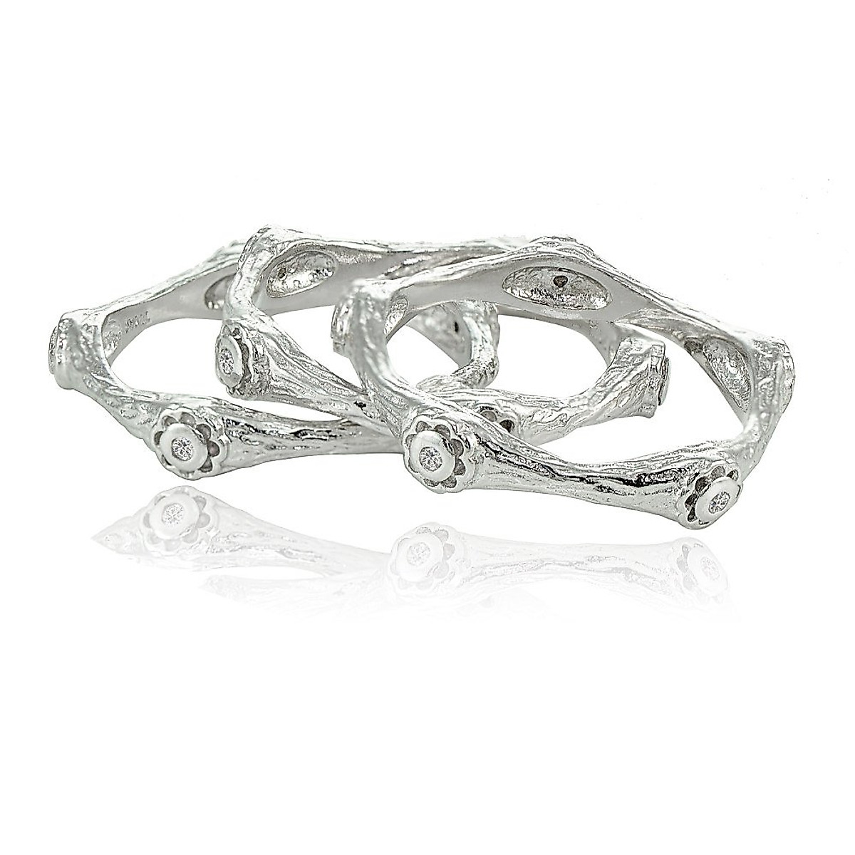 Hoops & Loops Sterling Silver Cubic Zirconia Bamboo Textured Set of 3 Stackable Band Rings, Size 8