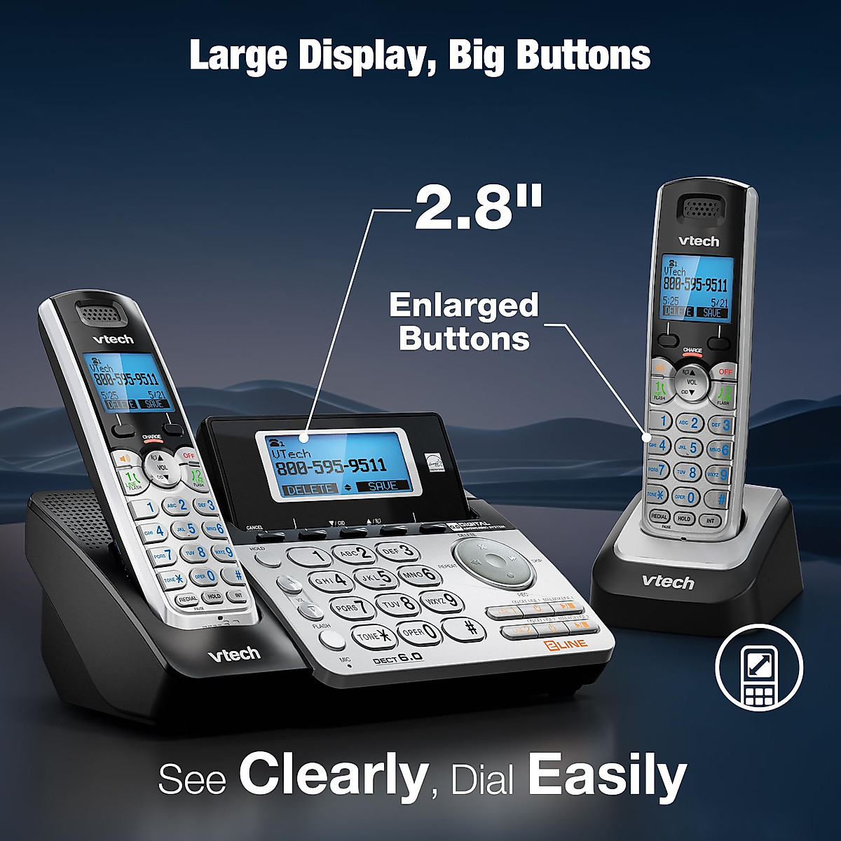 VTech DS6151-2 2 Handset 2-Line Cordless Phone System for Home or Small Business with Digital Answering System & Mailbox on each line, Silver