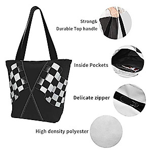 SLAFD Waterproof Women Canvas Shoulder Bag, Checkered Flags Race Car Flag Casual Handbag Shopping Bag Travel Beach Tote Bag for Women Ladies