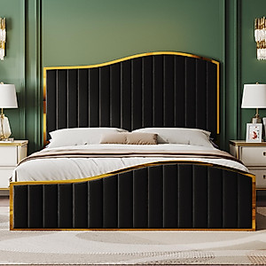 AMERLIFE Queen Size Bed Frame, 61.4" High Headboard Platform Bed Velvet Upholstered with Gold Trim & Footboard/Wooden Slats/No Box Spring Required/Black