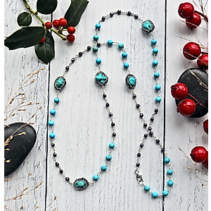 MGR MY GEMS ROCK! Hand Crafted Natural Gemstone Turquoise Color Baroque Turquoise Druzy and Hematite Wire Wrapped and Wire Twisted Long or Double Strand Station Necklace for Women or Men, 33" long.
