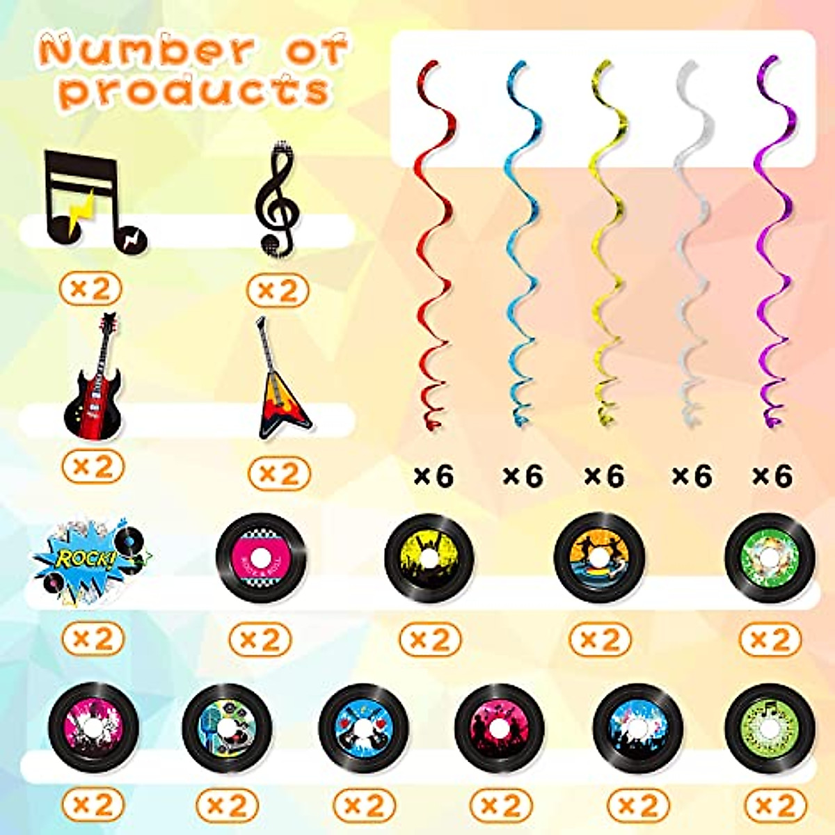 60 Pieces 50s Party Rock and Roll Music Party Decorations Hanging Swirls Music Record Cutouts Hanging Banner Double Sides Ceiling Decor with Streamer Garden Decor for Music Birthday Party Supplies