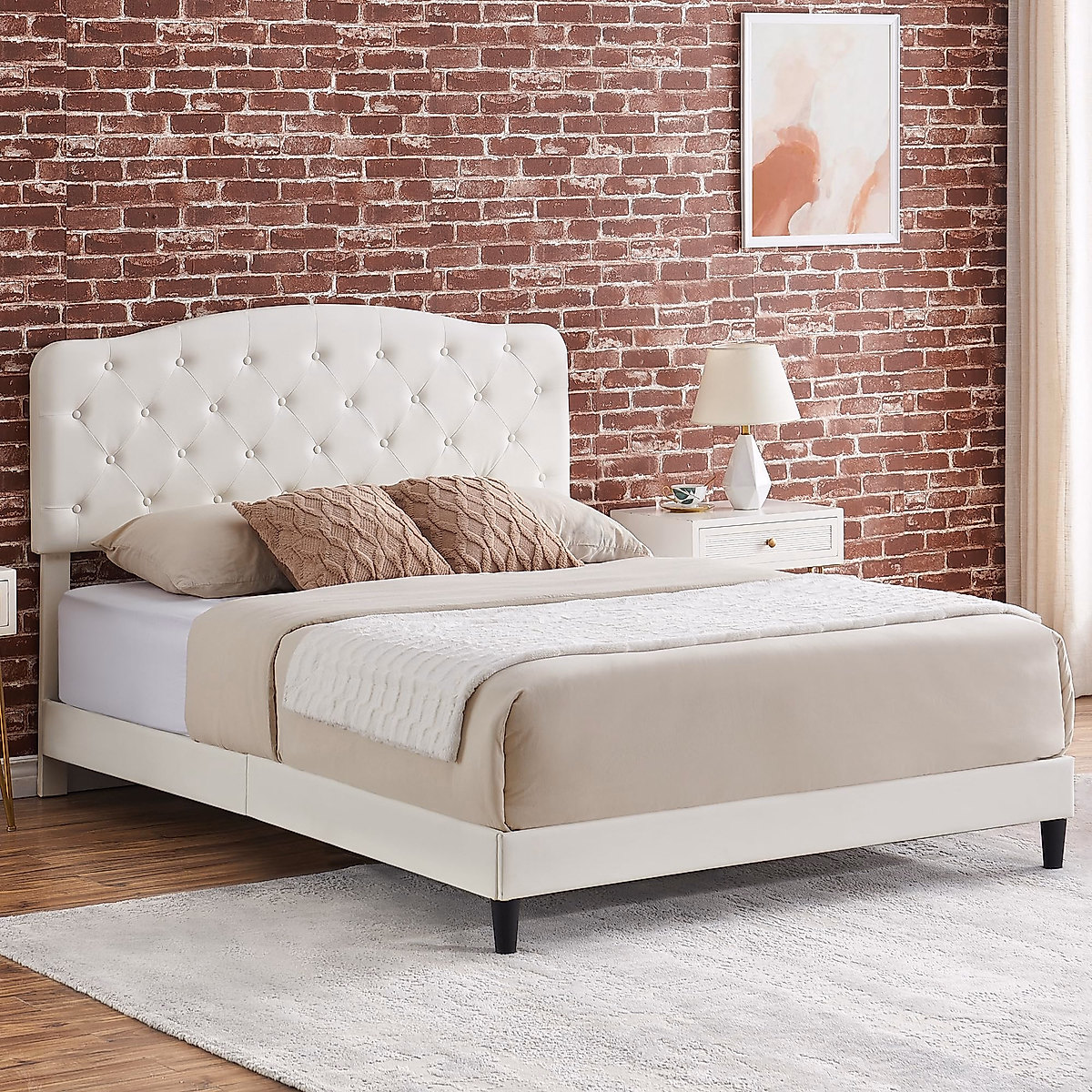 IDEALHOUSE Queen Bed Frame with Headboard Adjustable, Leather Platform Bed Upholstered Queen Size, Button Tufted Mattress Foundation, Wooden Slat Support, No Box Spring Needed, White