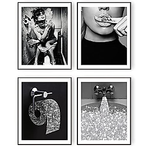 Bathroom Decor Wall Art Prints Glam Glitter Tissue Sliver Grey Funny Bathroom Toilet Paper Artwork for Wall Black and White Modern Fashion Art Gallery Wall Set (8"x10" UNFRAMED)