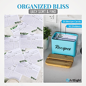 ArtEight Recipe Box - White - 4"x6" Recipe Cards and Box Set - Durable Recipe Card Box with Thicker Metal - Includes 25 Cards and 10 Dividers - Beautiful Recipe Box with Cards and Dividers
