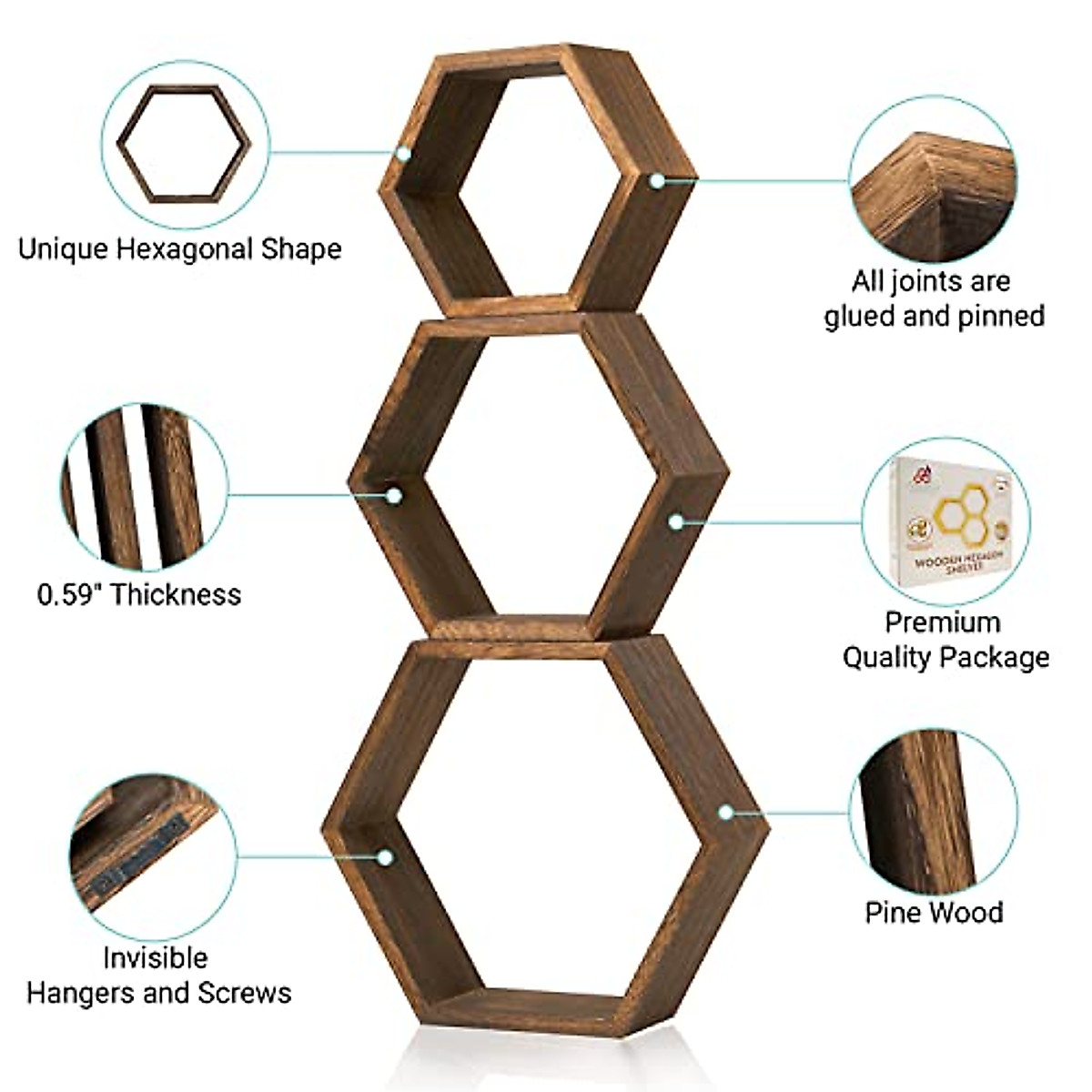 Wooden Hexagon Floating Shelves, Set of 3 Large Wall Mounted Shelf for Home, Room, Kitchen Or Office Decor, Geometric Hexagonal Rustic Farmhouse Natural Wood