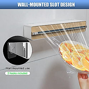 leQuiven Plastic Wrap Dispenser with Slide Cutter, Reusable Cling Film Dispenser, Double Elastic Buckle Adjustable Length for Aluminum foil, 1 Roll Plastic Food Wrap Included (Bamboo Wood Pattern)