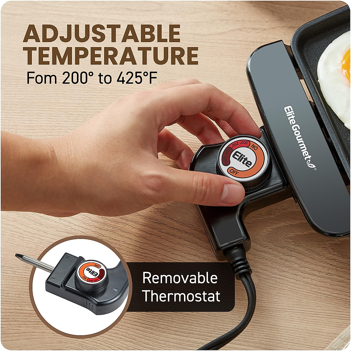 Elite Gourmet EGR8152 Electric 10" x 7" Personal Compact Griddle, Cool-touch Handles Non-Stick Surface, Removable/Adjustable Thermostat, Black