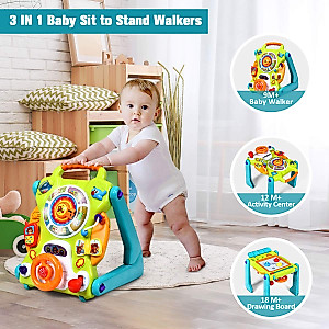 BABY JOY Sit-to-Stand Walker, 3 in 1 Baby Walker, Drawing Board, Entertainment Table, Kids Activity Center w/Lights, Music, Phone, Steering Wheel, Educational Push Toy for Toddlers (Blue)