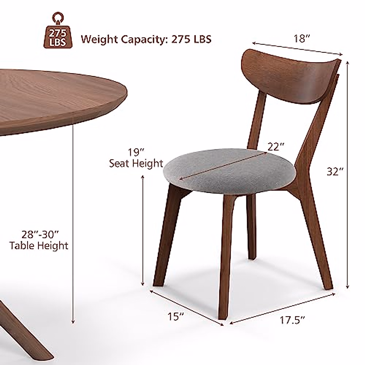 ERGOMASTER Dining Chairs, Set of 2 Walnut Wood Chairs with Curved Back for Home, Kitchen, Dining Room, Restaurant