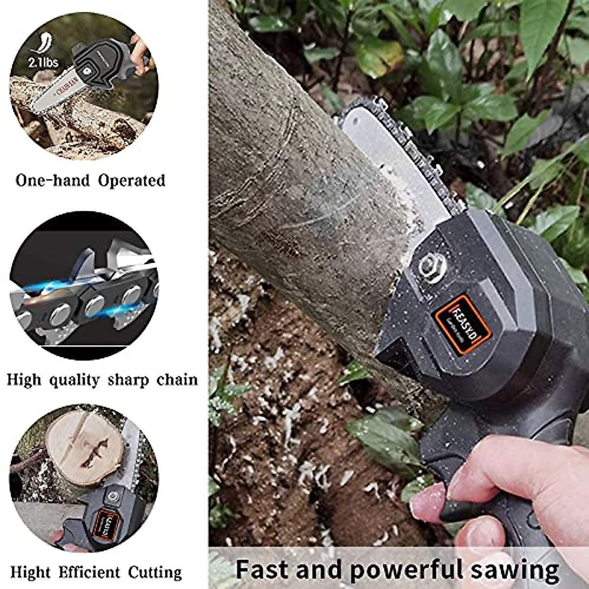 F.EASY.D Mini Chainsaw 4-Inch Cordless Electric Protable Chainsaw with 2 Battery, One-Hand 0.7kg Lightweight, Pruning Shears Chainsaw for Tree Branch Wood Cutting (4inch Black)