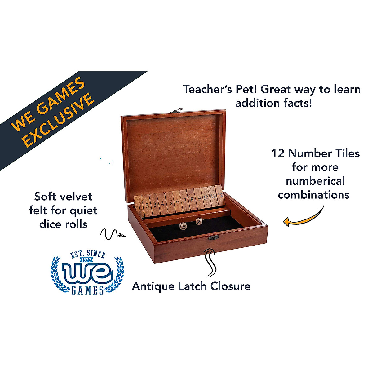 WE Games Custom Engraved Wooden Shut The Box Game with Lid