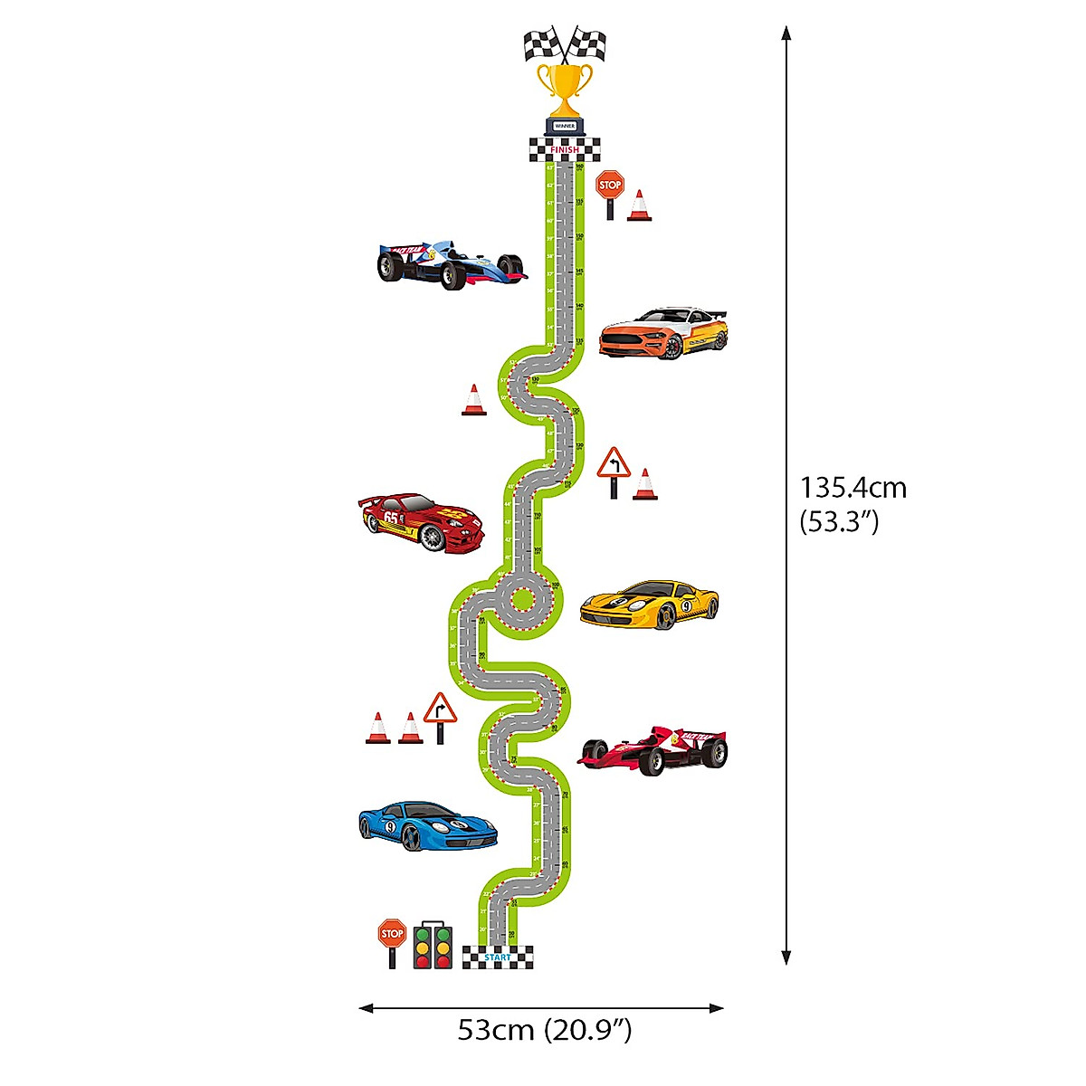 DECOWALL DA-1911 Racing Track Height Growth Chart Kids Wall Stickers Wall Decals Peel and Stick Removable Wall Stickers for Kids Nursery Bedroom Living Room d?cor