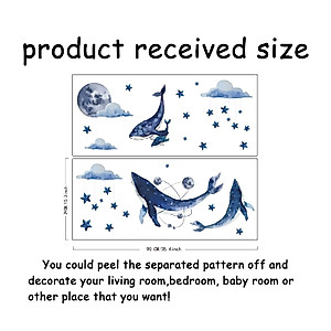 SUPERDANT Blue Whale Wall Stickers Night Sky Wall Decals Blue Clouds Animal Vinyl DIY Art Decor for Baby Nursery Children Bedroom Living Room Boy's Gift Wall Decor