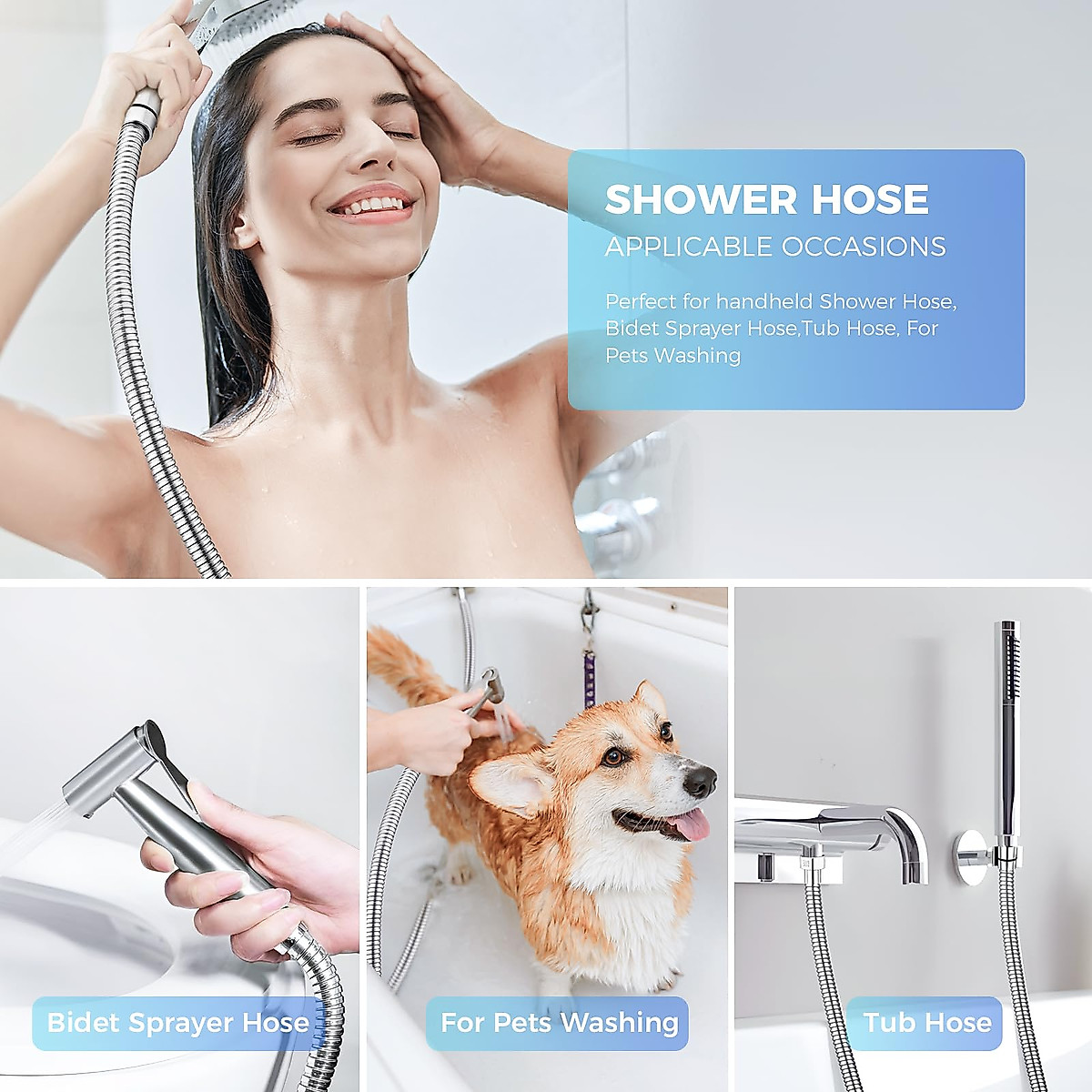 WTEETB Shower Hose Extra Long 100 Inches, 304 Stainless Steel Handheld Shower Head Hose Replacement, Flexible Hose Attachment, Toilet Hose for Bidet Sprayer 8.3 feet