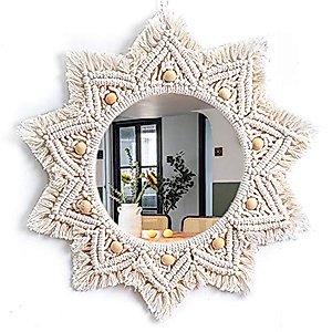 TENEWEE Boho Wall Decor Mirror Macrame Circle Hanging Mirror for Bedroom Living Room Apartment Entryway Home Decor
