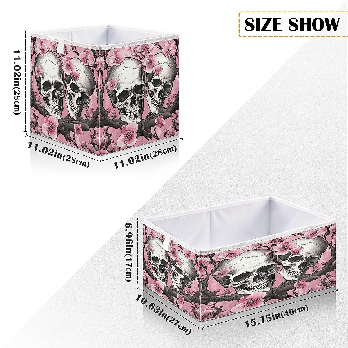 xigua Skull and Flowers Storage Basket Cubes 11In ,Foldable Fabric Bins Shelves Toy Storage Box Closet Organizers for Nursery,Utility Room, Storage Room656