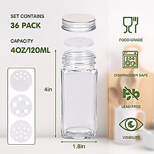 CUCUMI 36pcs Spice Jars with Labels, 4oz Glass Square Spice Containers with Shaker Lids Airtight Metal Caps and Collapsible Funnel, Spice Bottles for Spice Rack Cabinet Drawer