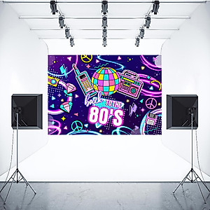 Aperturee 7x5ft Back to The 80s Party Backdrop Disco Theme Retro Style Photo 80's Birthday Music Disco Ball Mobile Phone Radio Photography Background 1980's Neon Eighties Photobooth Props