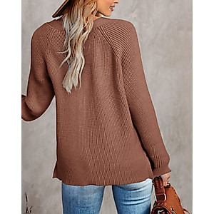 Womens Sweaters Long Sleeve V Neck Button Down Ribbed Knit Sweater Casual Relaxed Fit Pullover Jumper Tops Brown