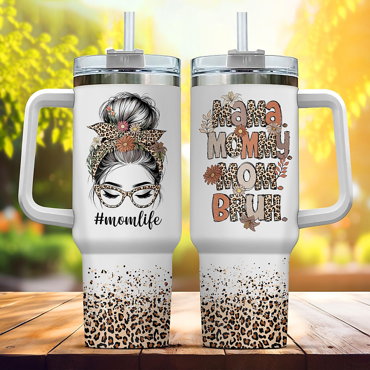 99WHALE Mom Bruh Messy Bun Leopard, Tumbler 40 Oz With Handle Lid And Straw, Mom Gifts, Mommy Straws Cup Mothers Life To Women Momma Funny Be For Handle Daisy Insulated Modern Coffee