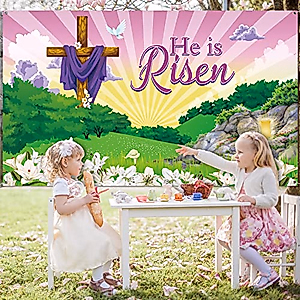 Happy Easter Day Decorations He Is Risen Backdrop Photography Banner, Large Fabric Easter Cross Religious Backdrop Background for Jesus Easter Spring Party Decorations, 72.8 x 43.3 Inch