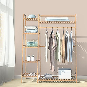 43.5" Bamboo Clothing Garment Rack Free Standing Clothes Coat Hanger Rolling Closet Organizer Shoe Rack Wardrobe Storage Hall Tree Entryway Living Bedroom Office Storage Shelves Clothes Hanging Rack