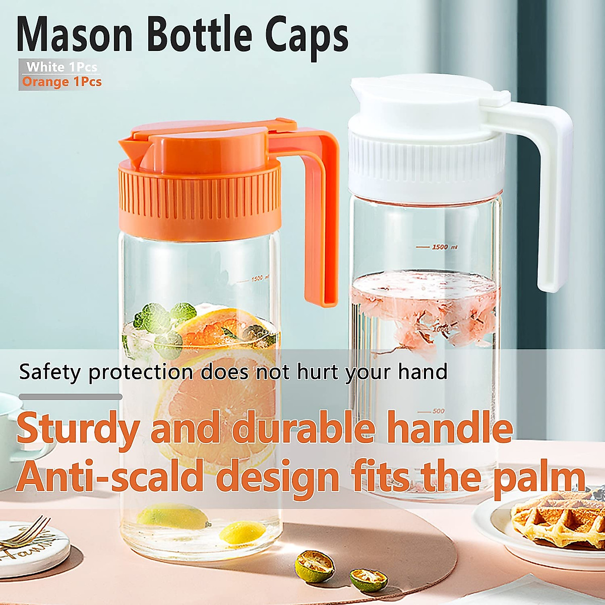 2 Pack Wide Mouth Mason Jar Flip Cap Lid with Handle, Innovative Sliding Lid & Easy Pour Spout Wide Mouth Mason Jar Pour Spout Lids with Handle, Airtight & Leak-Proof Seal Spout Mason Jar Pitcher