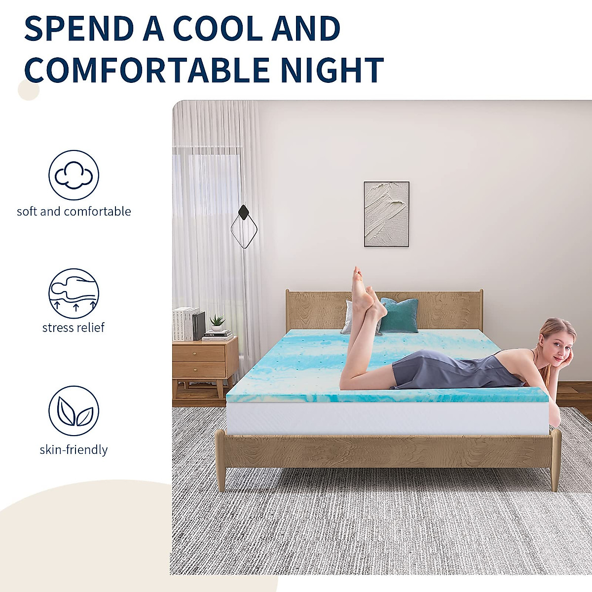 Vyfipt 4 Inch Mattress Topper King, Gel Infused Memory Foam Mattress Topper, Ventilated Design, CertiPUR-US Certified, Blue