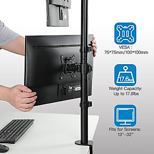 HUANUO Vertical Dual Monitor Mount, Stacked Monitor Stand for 2 Monitors with Height Adjustment Computer Monitor Arm Supports Two 17 to 32 Inch with C Clamp Each Monitor Desk Mount Hold up to 17.6lbs