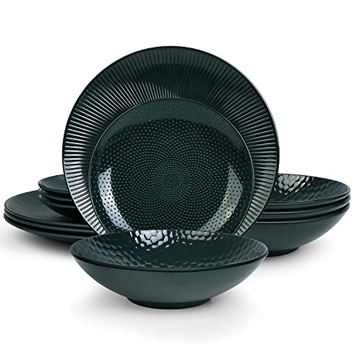 afcevnlb Retro Green Dinnerware Sets 12 pcs Melamine Plates and Bowls Sets Round Dinner Set with Plates, Dishes, Bowls and Serving Platters, Kitchen Dinnerware Sets for 4