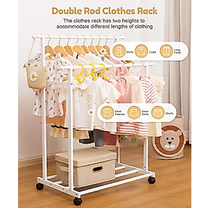Cozivolife Kids Clothing Rack Bamboo with 2 Hanging Rods and 4 Hooks, Kids Dress Up Rack on Wheels, Small Child Garment Rack for Playroom,Toddlers Bedroom (White)