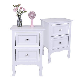 2Pcs Country Style End Side Table,2-Tier Wooden Night Tables with 2 Drawers Storage Cabinet Large Size Tables Night Stand Set 2 Living Room with Drawer Bedside Tabes for Bedroom